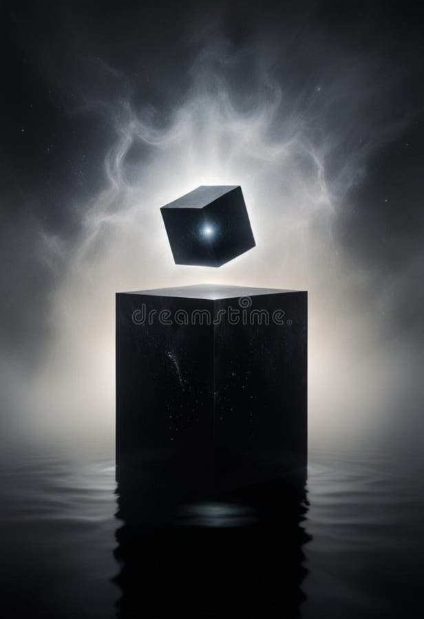 A Black Cube Floating in a Misty Ethereal Environment with a Glowing ...