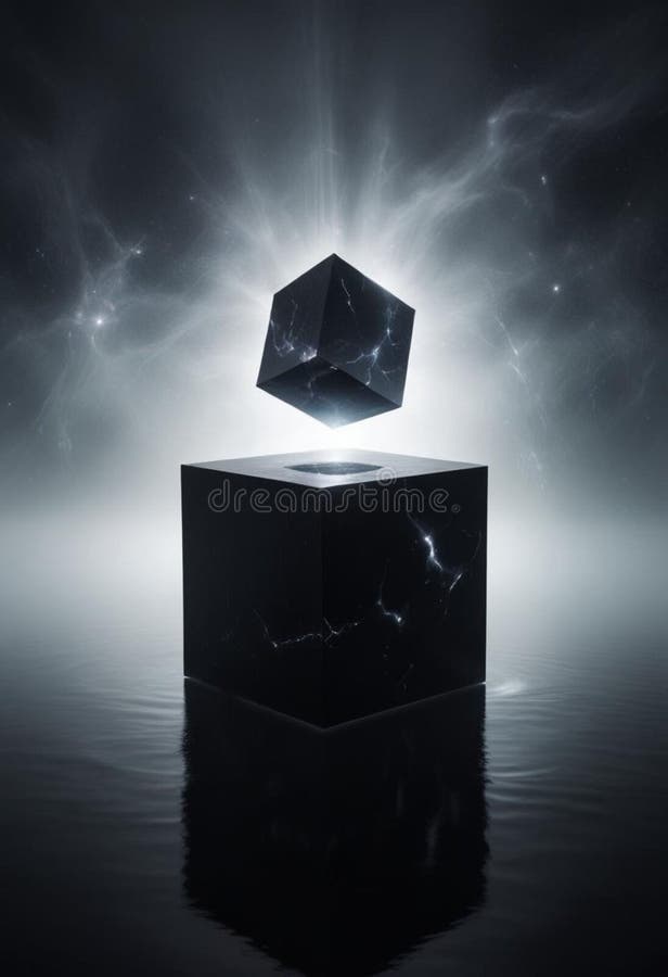 A Black Cube Floating in a Misty Ethereal Environment with a Glowing ...
