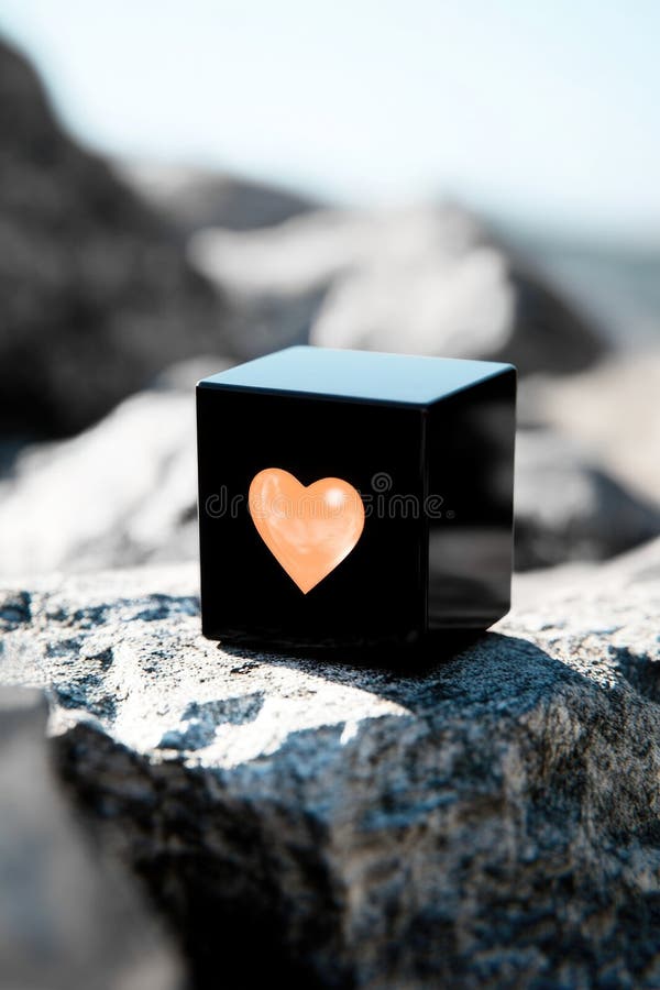 Black Cube with Heart Cutout on Rocky Surface in Natural Light Stock ...