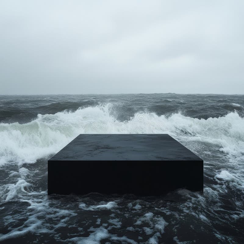 Black Cube on the Ocean with Waves and White Background. 3d Rendering ...