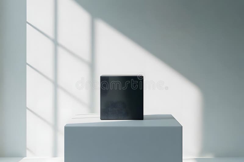 Black Cube Rests on Platform, Bathed in Sunlight Streaming through Window, Minimalist Design ...