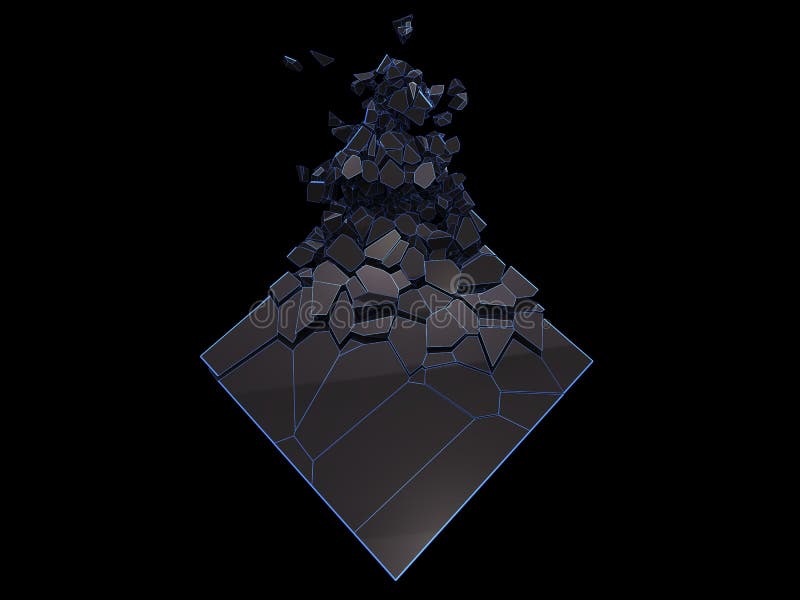 Black Cube Shape with Blue Glow Outlines Breaking into Hundreds of ...