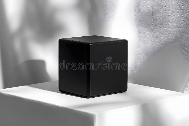 Black Cube Shaped Object Rests on White Platform, Illuminated by Soft ...