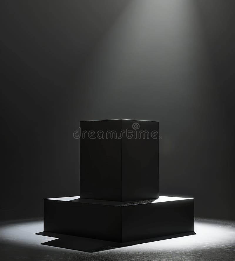Black Cube on Stage with Dramatic Spotlight and Dark Background Stock ...