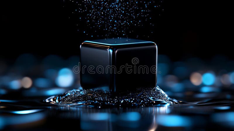 A Black Cube with Water Splashing Out of it on a Black Surface Stock ...