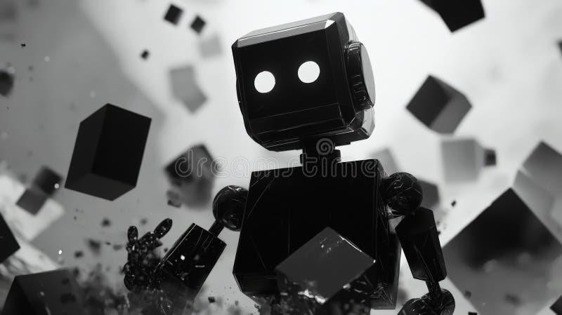 Black Cubic Robot Surrounded by Floating Blocks in Digital Space Stock ...