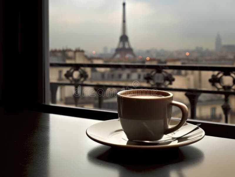 A Black Cup of Coffee by the Window in Front of the Eiffel Tower in ...