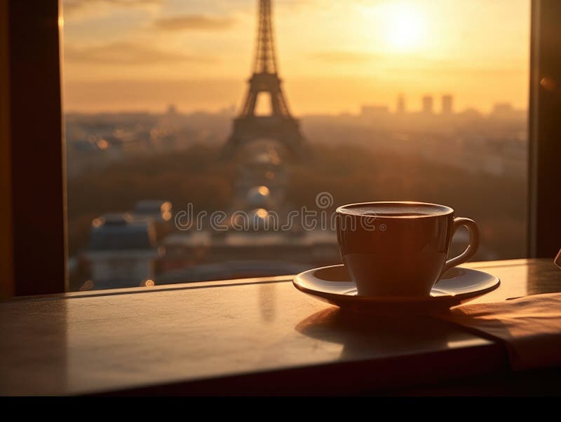 A Black Cup of Coffee by the Window in Front of the Eiffel Tower in ...