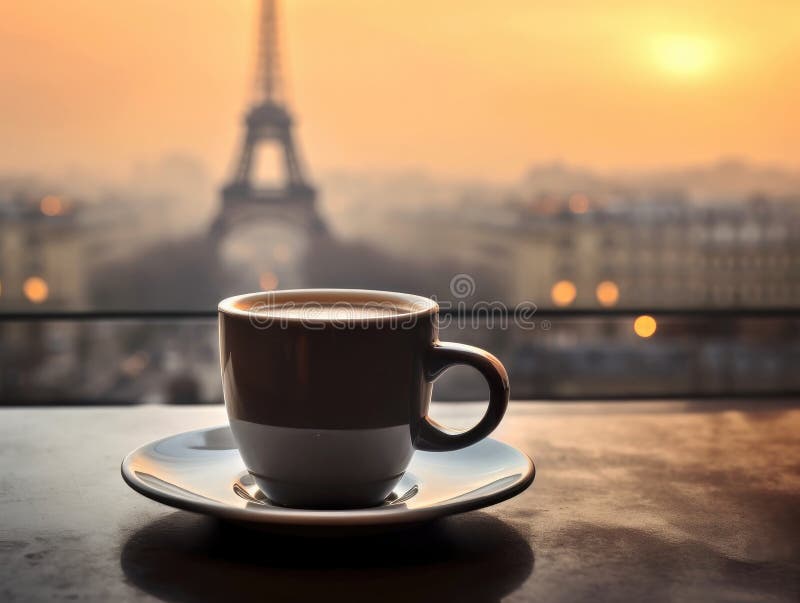 A Black Cup of Coffee by the Window in Front of the Eiffel Tower in ...