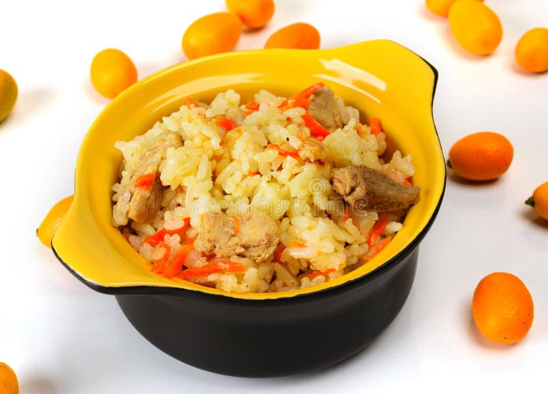 Black Cup with Pilaf on a White Background. Stock Photo - Image of food ...
