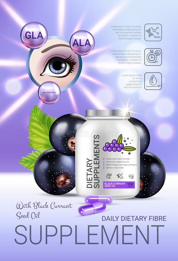 Black Currant Dietary Supplement Ads. Vector Illustration with Eye ...