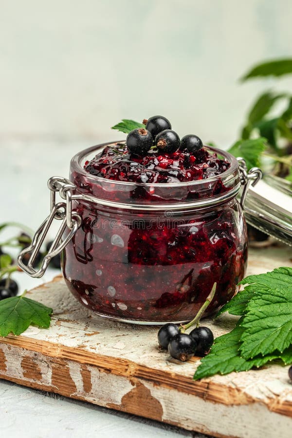 Black Currant Jam Curd, Custard or Jam in Jar. Place for Text, Top View ...