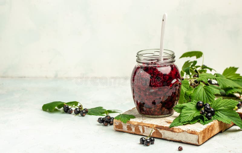 Black Currant Jam Curd, Custard or Jam in Jar. Place for Text, Top View ...