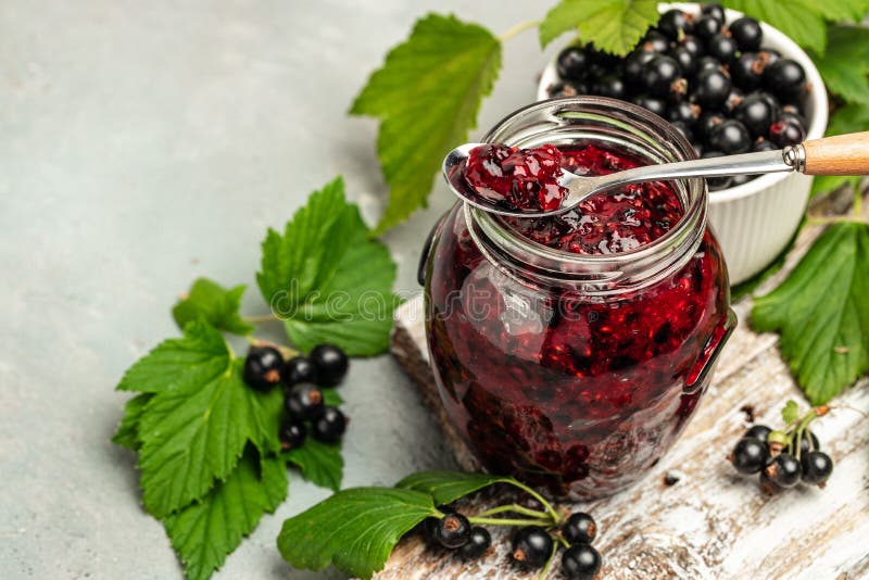 Black Currant Jam Curd, Custard or Jam in Jar. Place for Text, Top View ...