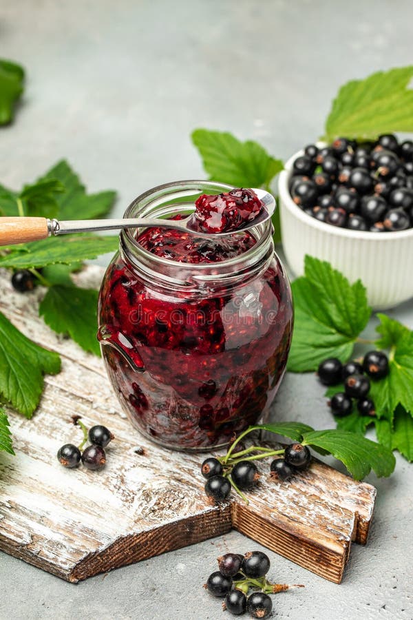 Black Currant Jam Curd, Custard or Jam in Jar. Place for Text, Top View ...