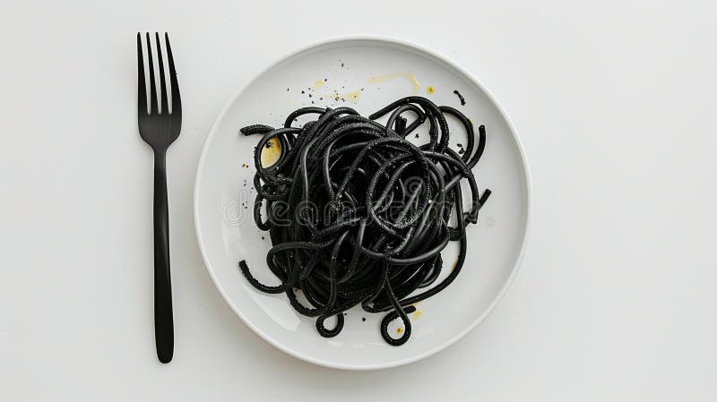 Black Cuttlefish Spaghetti Arranged on a White Plate with a Black Fork ...