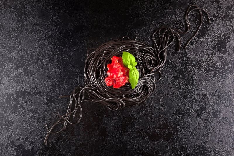 Delicious Black Cuttlefish Spaghetti Stock Image - Image of basil ...