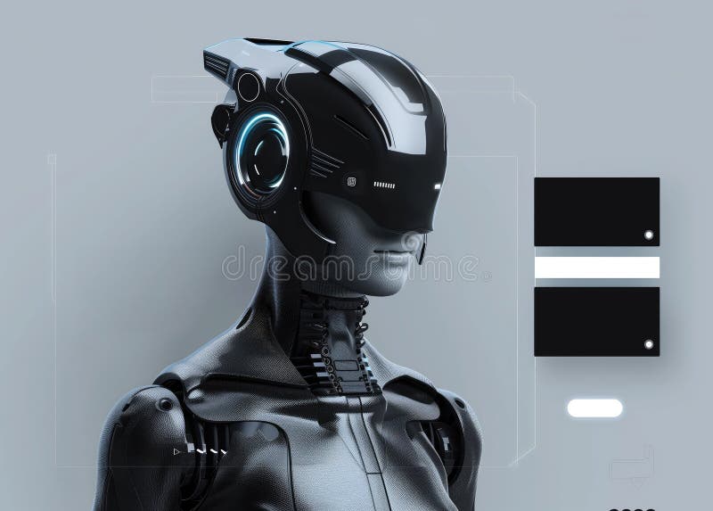 Black Cyber Robot Portrait on Grey Background with Place for Text Stock ...
