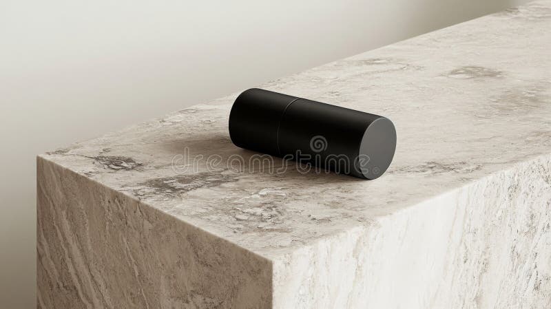 Black Cylinder Object on Beige Stone Table in a Minimal Studio Setting ...