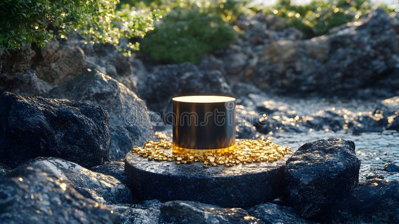 Black Cylinder on Rocks with Gold Scattered Around - 3D Illustration ...