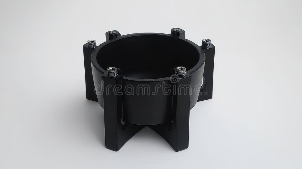 Black Cylindrical Structure with Support Legs and Screws, Isolated ...
