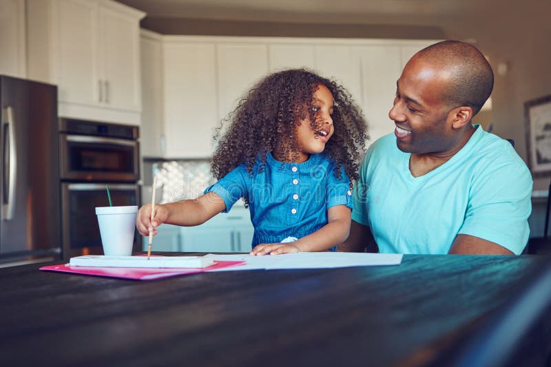 Black Dad, Kid and Help with Homework in Home for Education, Learning ...
