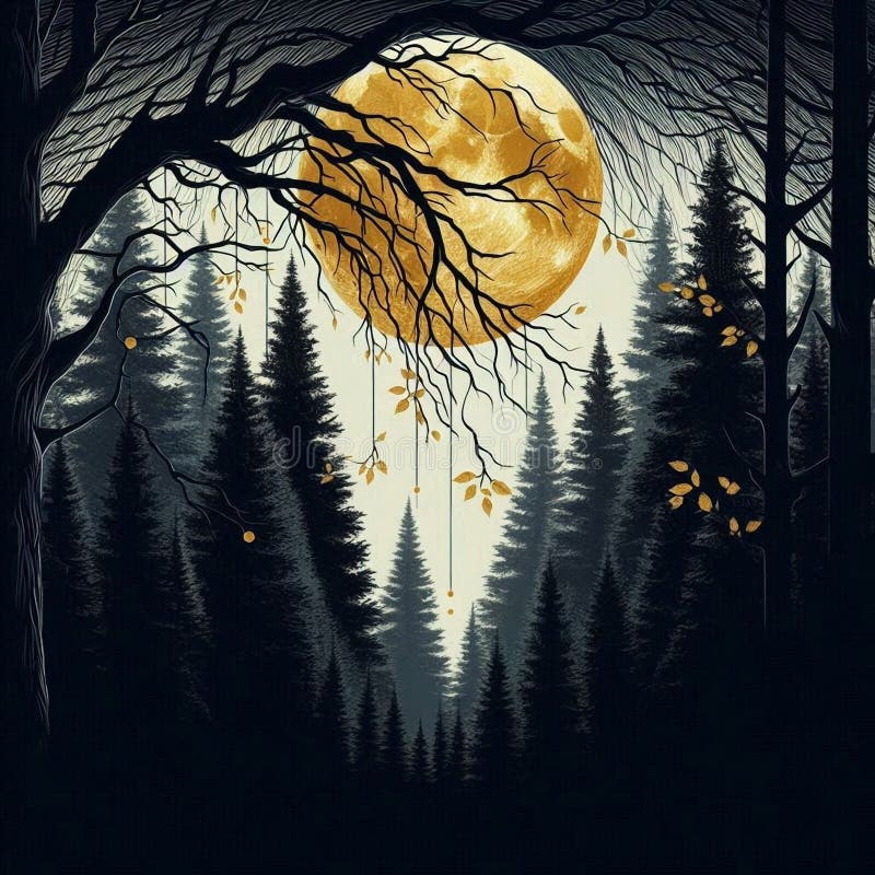 A Black Dark Forest Where the Light Gold Moon Can Be Seen through the ...