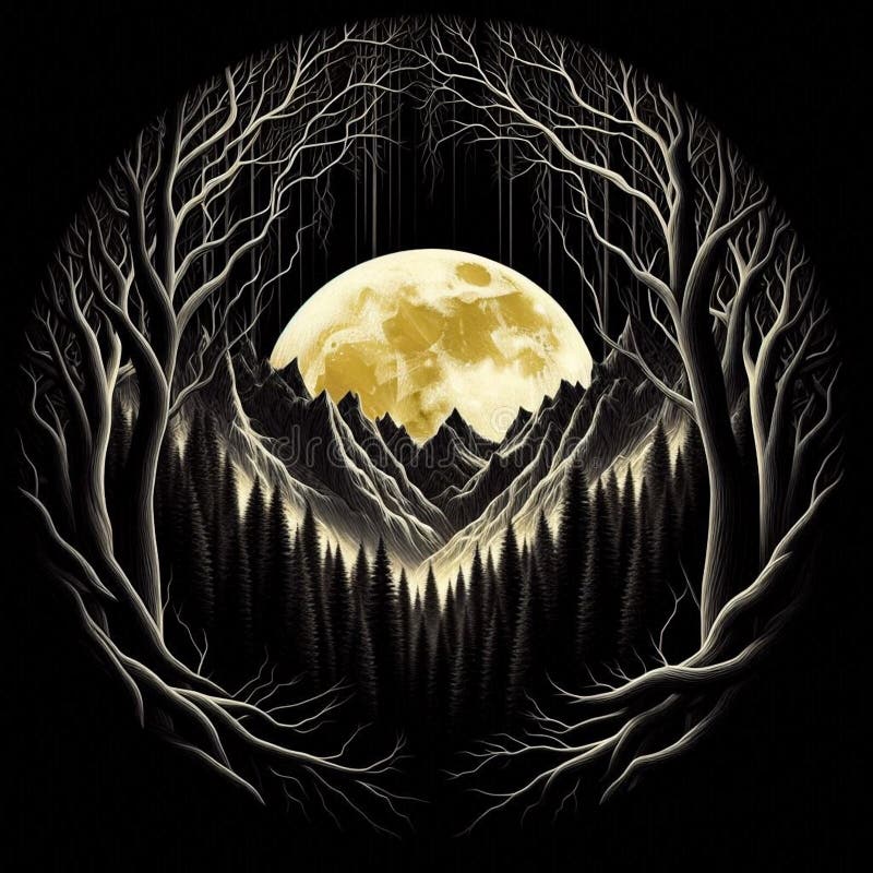A Black Dark Forest Where the Light Gold Moon Can Be Seen through the ...