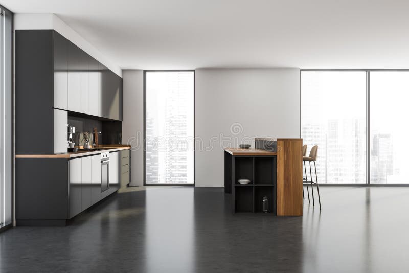 Black Dark Kitchen Room Interior with Panoramic Window Stock ...