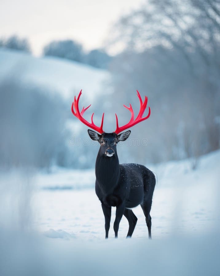 A Black Deer with Bright Red Antlers in a Snowy Landscape Stock Image ...