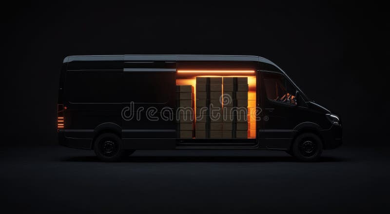 Black Delivery Van with Boxes Inside at Night. Generative AI Stock ...