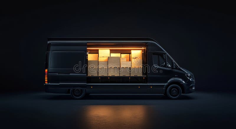Black Delivery Van with Boxes Inside at Night. Generative AI Stock ...