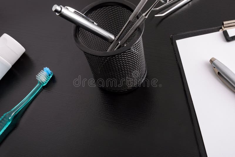 Black Dentist Table with Tools Eleveted View Stock Photo - Image of ...