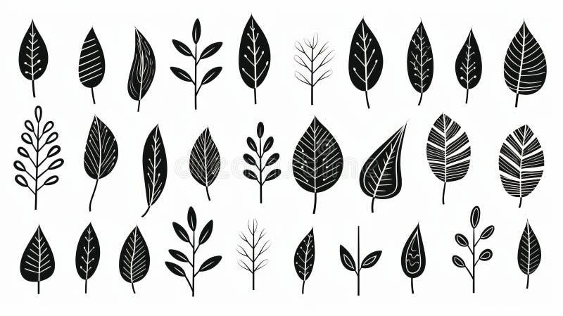 Hand Drawn Black and White Leaf Vector Set Stock Illustration ...