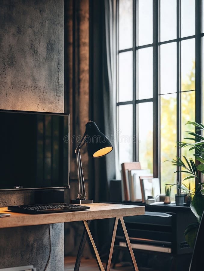 Black Desk with a Lamp and a Keyboard Stock Photo - Image of interior ...