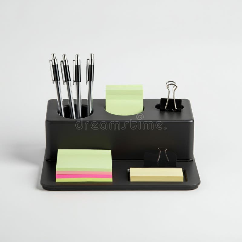 Black Desk Organizer Featuring Five Silver Pens, Green Sticky Notes, a ...