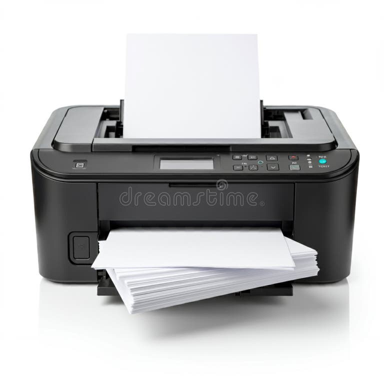 A Black Desktop Inkjet Printer Sits on a Reflective White Surface. it ...
