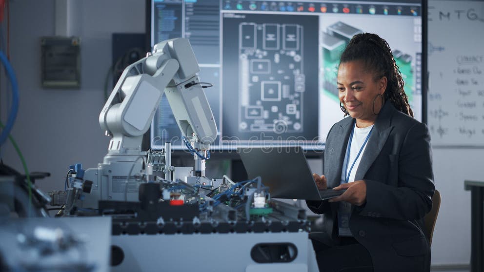 Black Developer Works with Laptop, Writing Code for Robot Arm. Computer ...