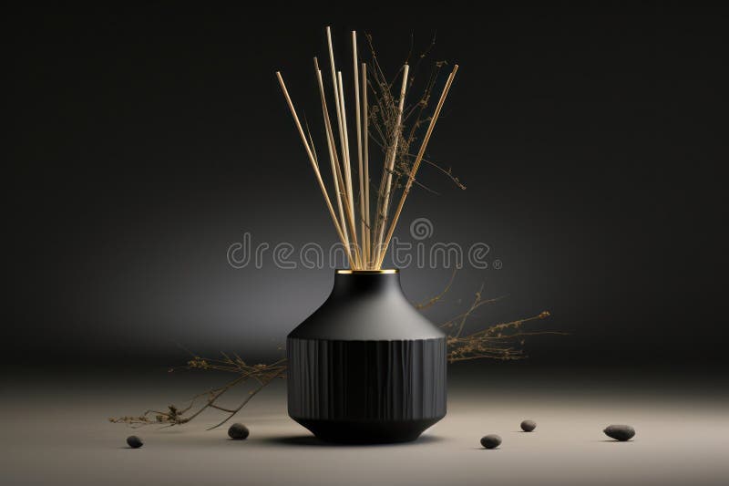 Black Diffuser with Reed Sticks in Modern Dark Interior. Fragrance with ...