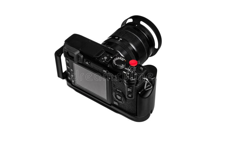A Black Digital Camera with a Large Lens and a Red Shutter Button ...