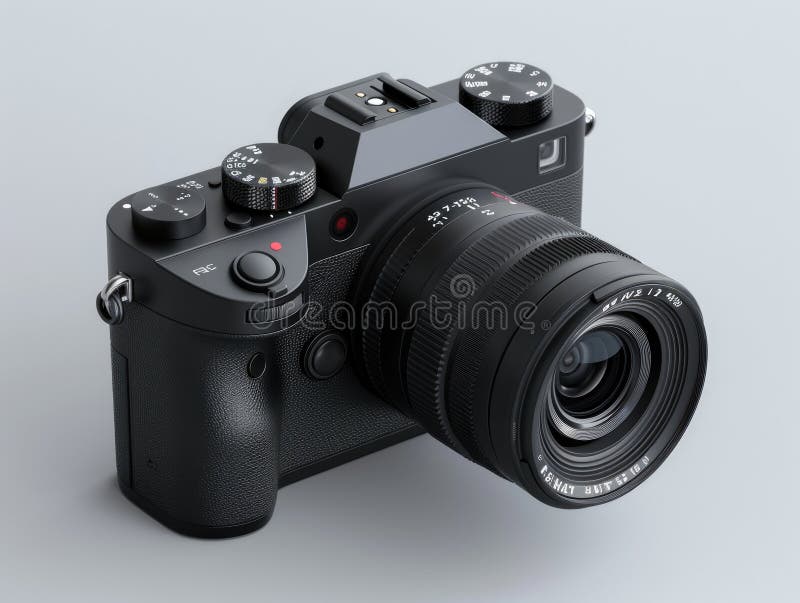 Black Digital Camera with Large Lens on White Background Stock ...
