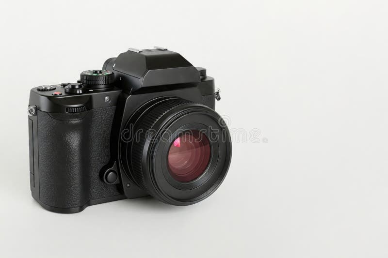 Black Digital Camera on a Light Background. Space for Text. Stock Photo ...