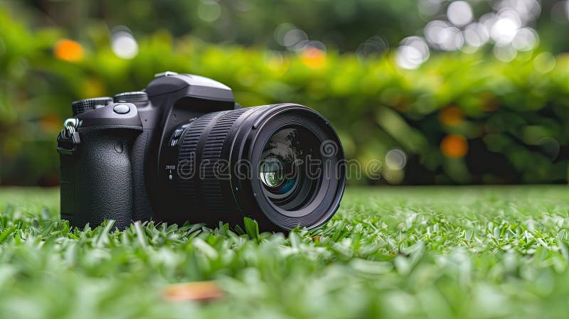 A Black Digital Camera Rests in Green Grass with a Blurred Background ...