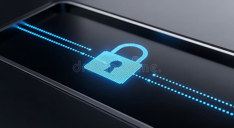 A Black Digital Interface Featuring a Bright Blue, Pixelated Padlock ...
