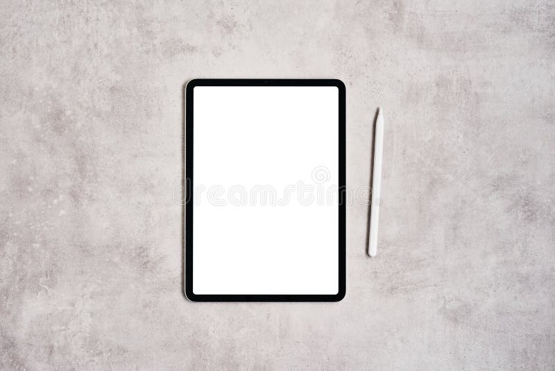 Tablet and Pencil on Grey Concrete Background Stock Photo - Image of ...