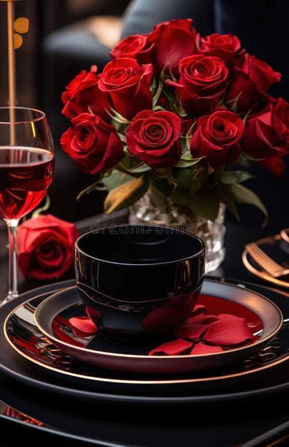 Black Dinnerware with Red Roses Set at the Table Stock Photo - Image of ...