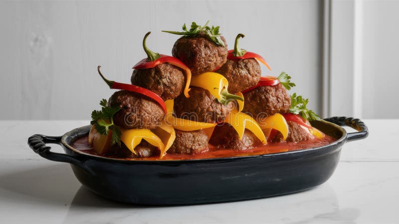 A Black Dish with Meatballs and Peppers in a Tomato Sauce, AI Stock ...