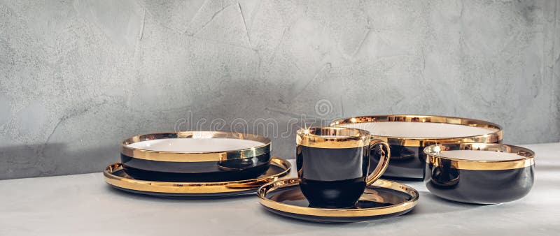 Black Dishes with a Gold Rim Stock Image - Image of black, kitchen ...