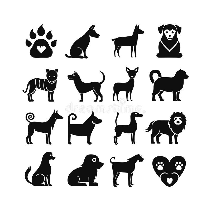 Black Dog Icons: Vector Set of Different Breed Silhouettes and Paw ...