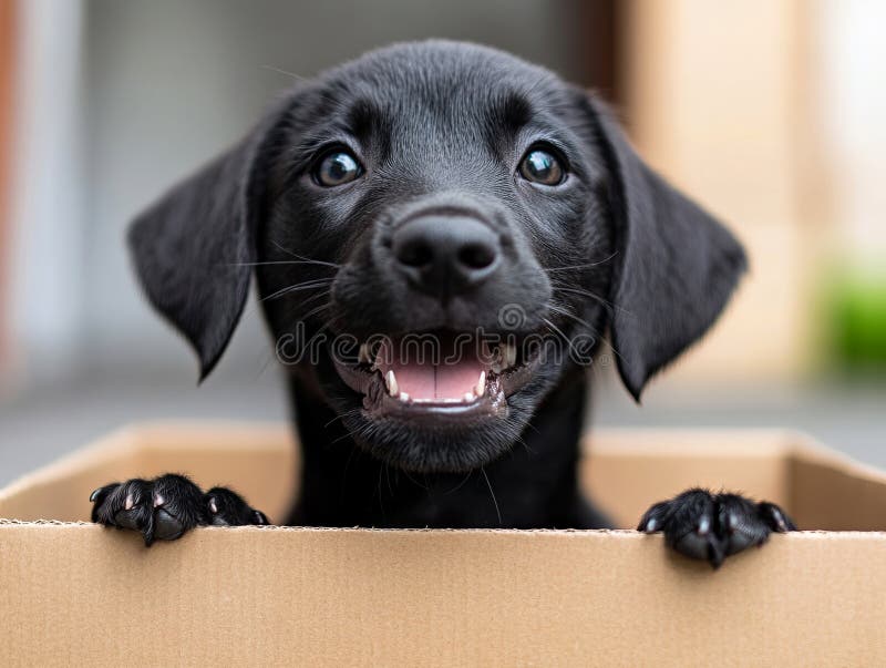 A Black Dog Peeking Out of a Cardboard Box Stock Photo - Image of ...